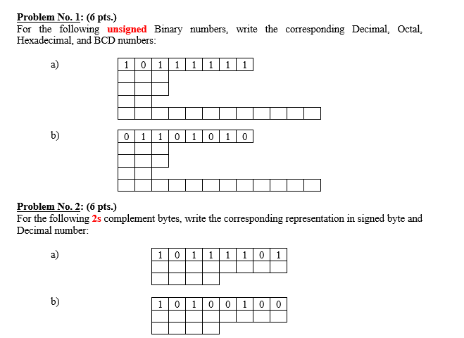 Solved Problem No. 1: (6 ﻿pts.)For the following unsigned | Chegg.com