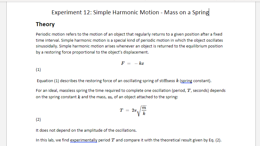 Solved Experiment 12: Simple Harmonic Motion - Mass on a | Chegg.com