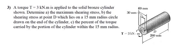Solved 3) A torque T=3kN⋅m is applied to the solid bronze | Chegg.com