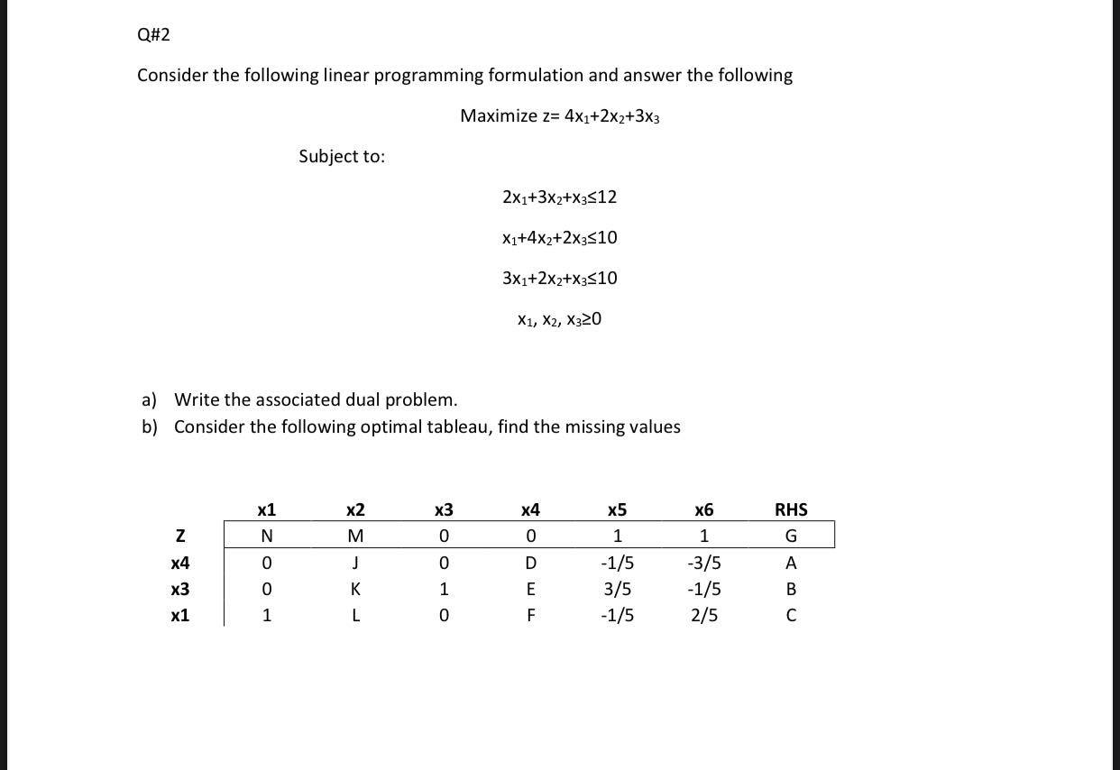 Solved Q#2 Consider the following linear programming | Chegg.com