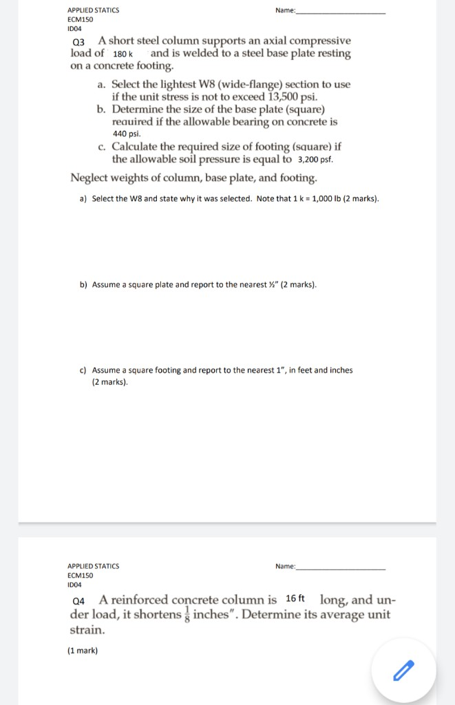 Solved APPLIED STATICS Name: ECM150 ID04 03 A short steel | Chegg.com