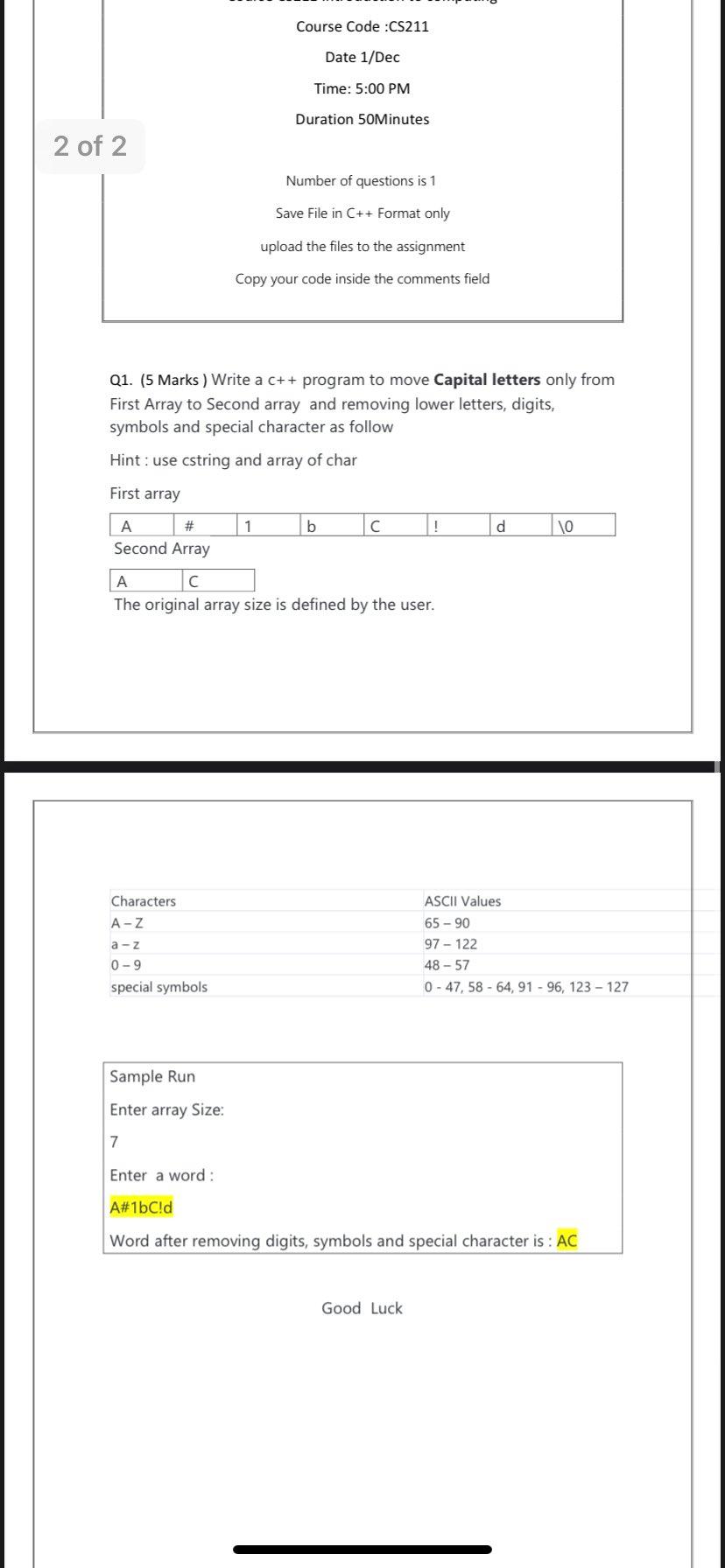 Solved Course Code :CS211 Date 1/Dec Time: 5:00 PM Duration | Chegg.com