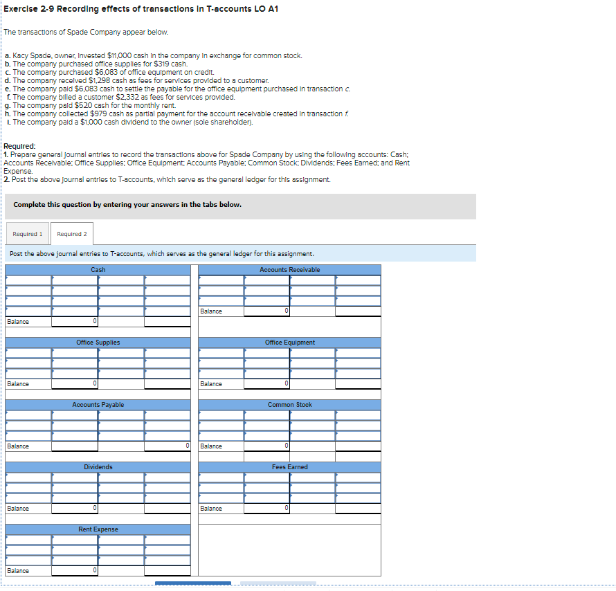 Solved Exercise 2-9 Recording effects of transactions in | Chegg.com