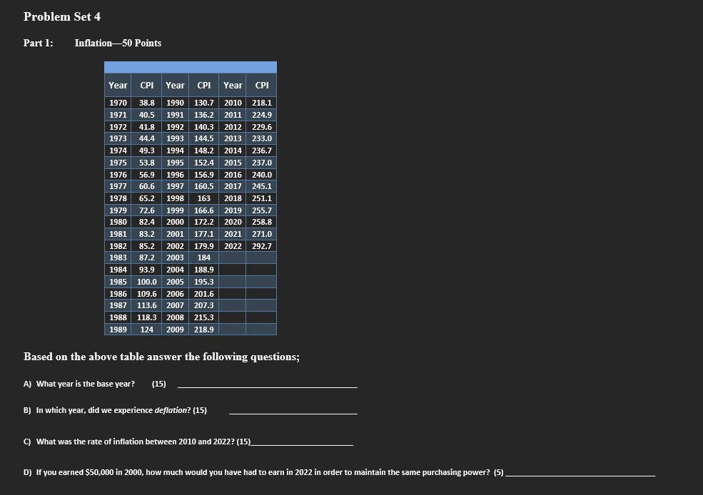 Solved Problem Set 4 Part 1: Inflation-50 Points | Chegg.com