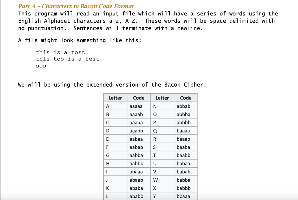 Solved Part A-Characters to Bacon Code Format This program | Chegg.com