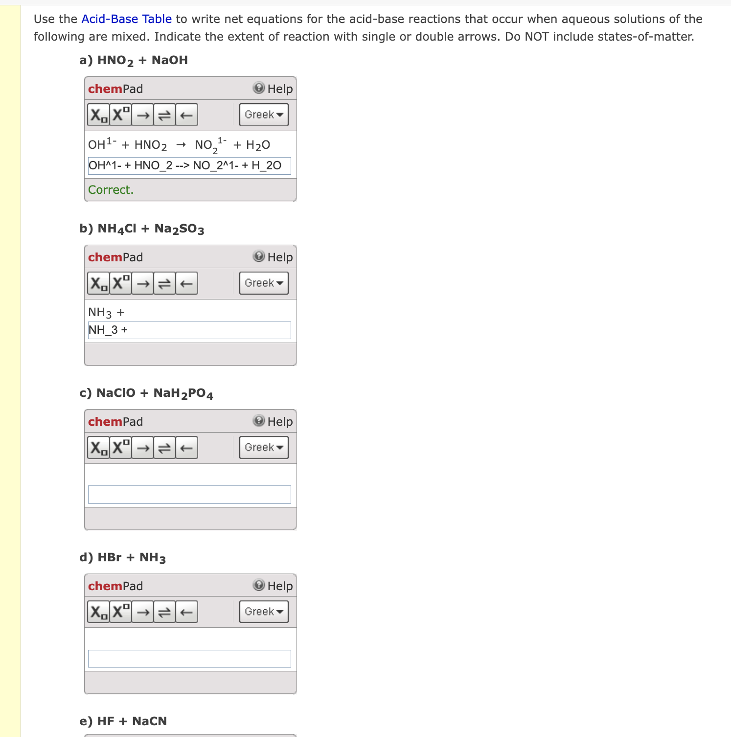 Use the Acid-Base Table to write net equations for | Chegg.com