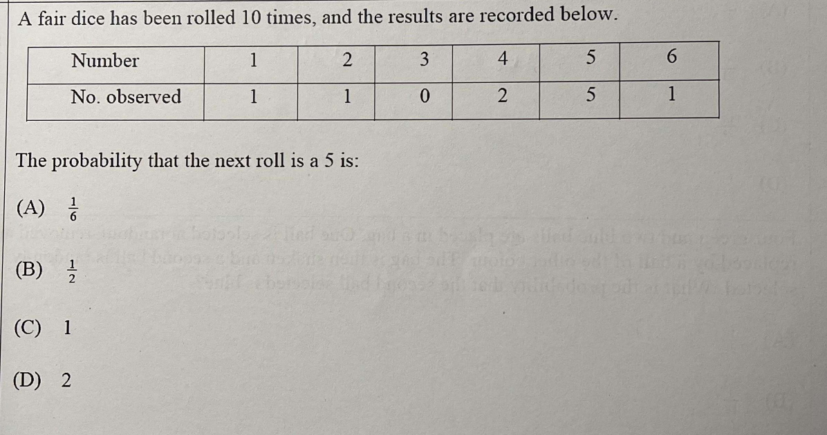 Solved A fair dice has been rolled 10 times, and the results | Chegg.com