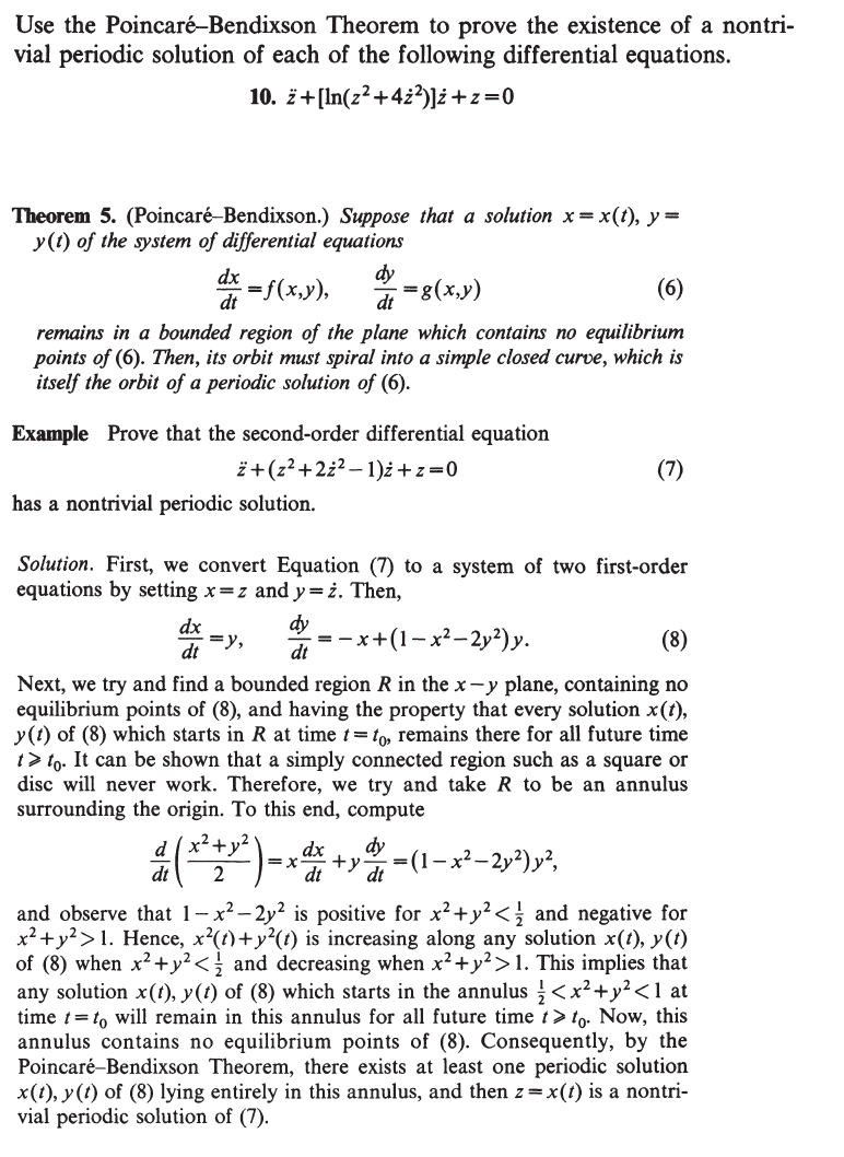 Use the Poincaré-Bendixson Theorem to prove the | Chegg.com