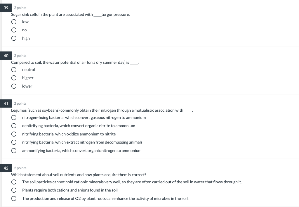Solved 39 2 points Sugar sink cells in the plant are | Chegg.com