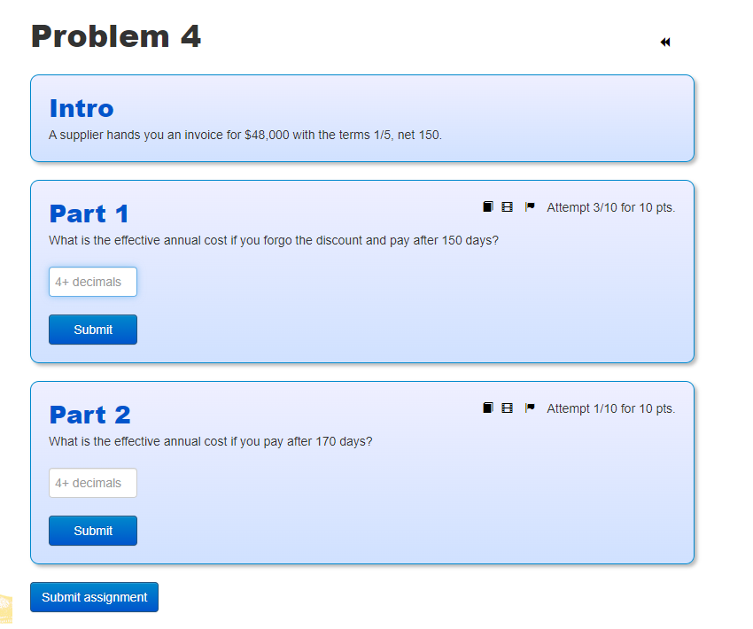 Solved Problem 4 Intro A supplier hands you an invoice for | Chegg.com