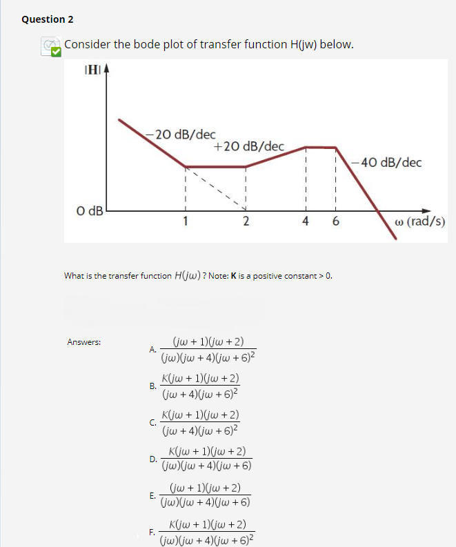 Solved Question 2 Consider the bode plot of transfer | Chegg.com