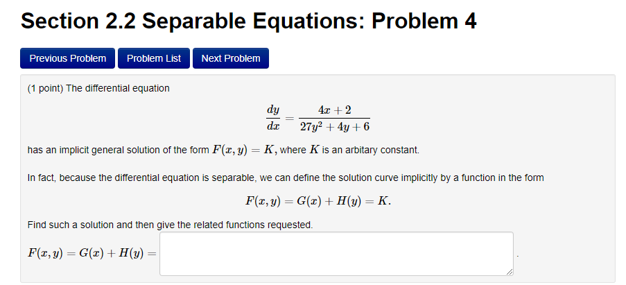 Solved Section 2.2 Separable Equations: Problem 4 Previous | Chegg.com