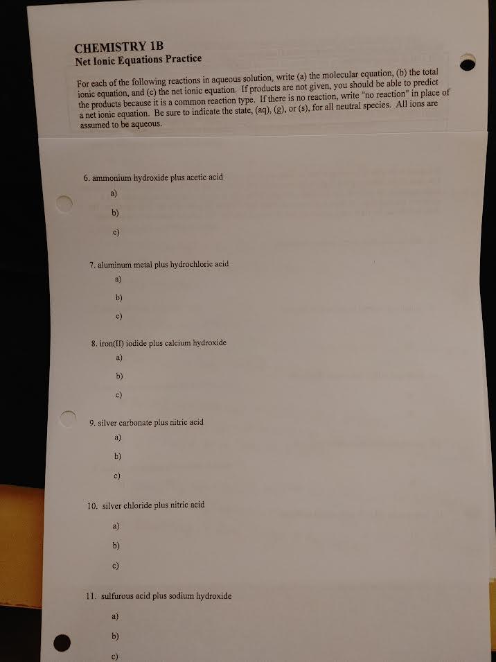 Solved CHEMISTRY 1B Net Ionic Equations Practice For each of | Chegg.com