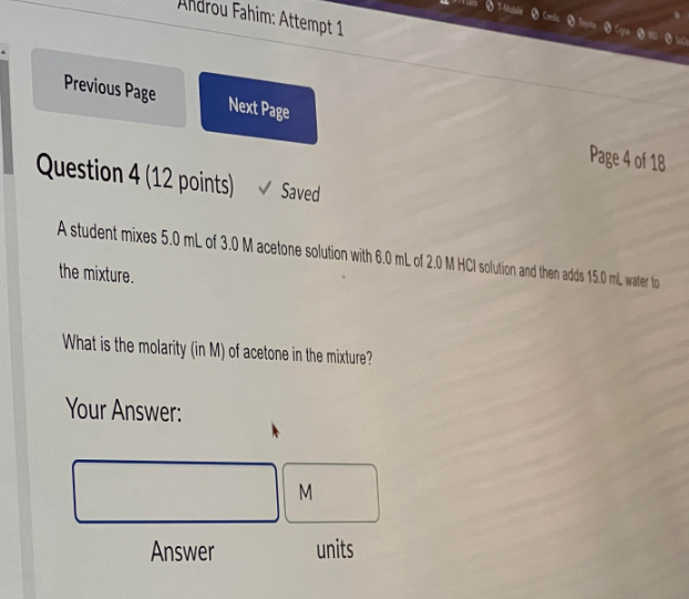 Solved A student mixes 5.0 mL of 3.0M acetone solution with | Chegg.com