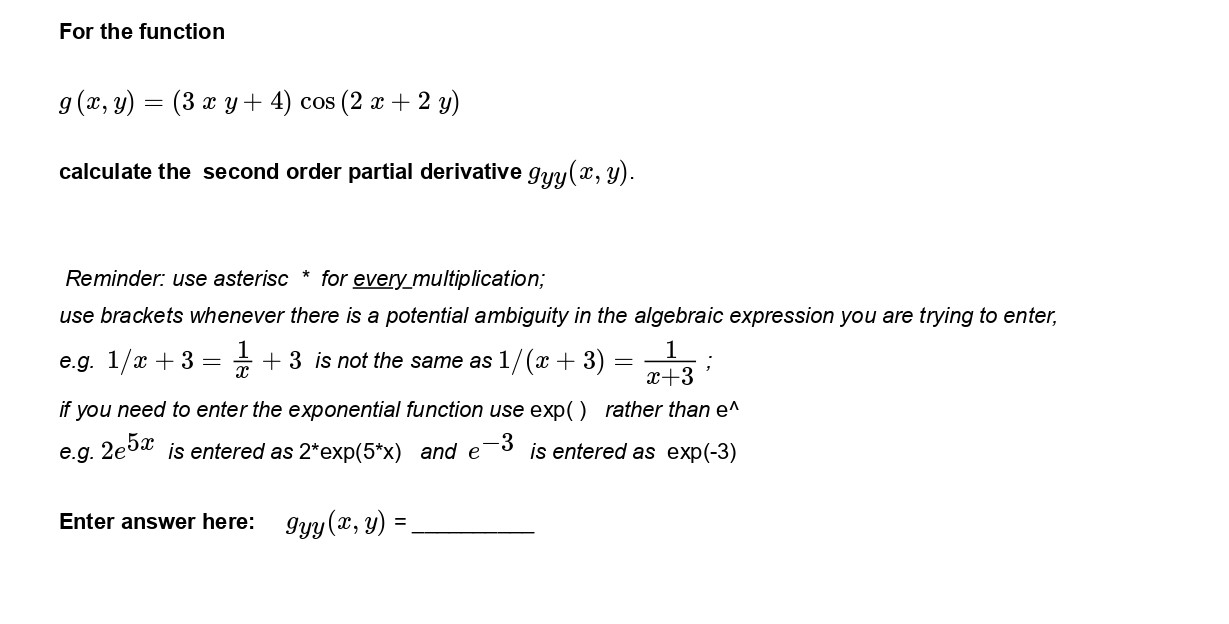 Solved For the function g(x,y) (3 x y + 4) cos (2 x + 2 y) | Chegg.com