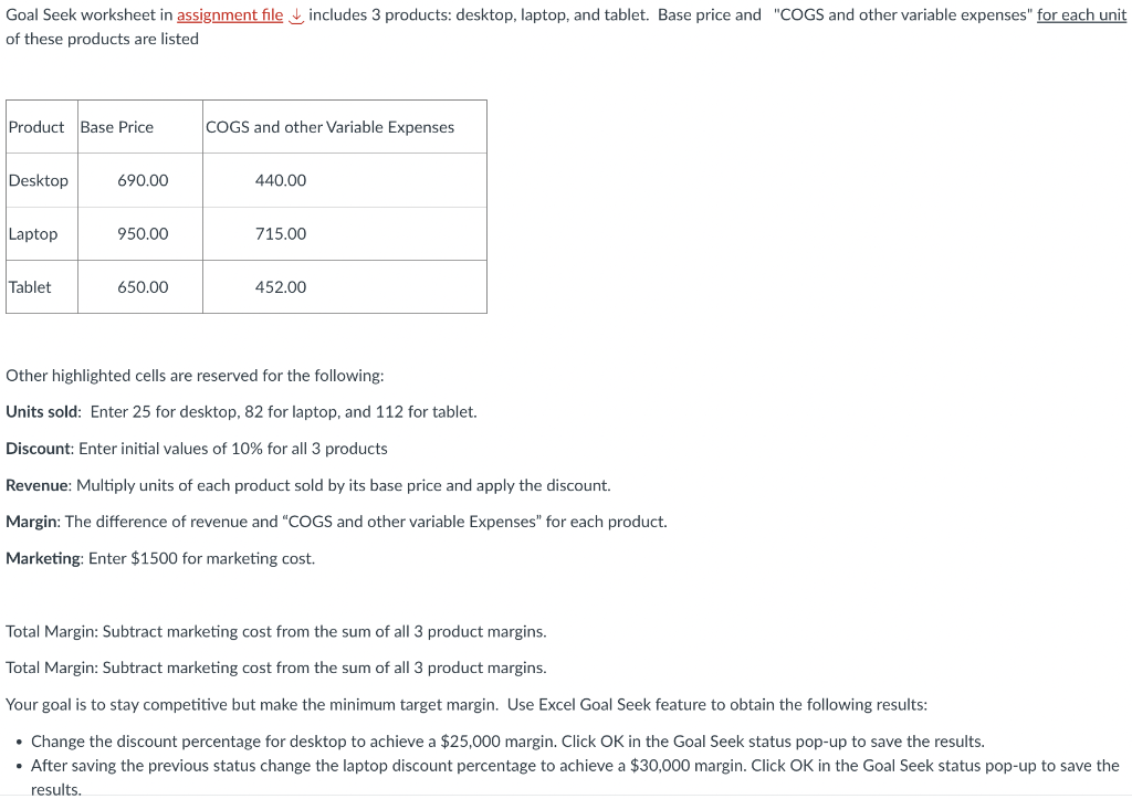 Solved Goal Seek worksheet in assignment file ↓ includes 3 | Chegg.com