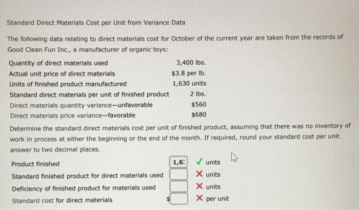 Solved Standard Direct Materials Cost per Unit from Variance | Chegg.com