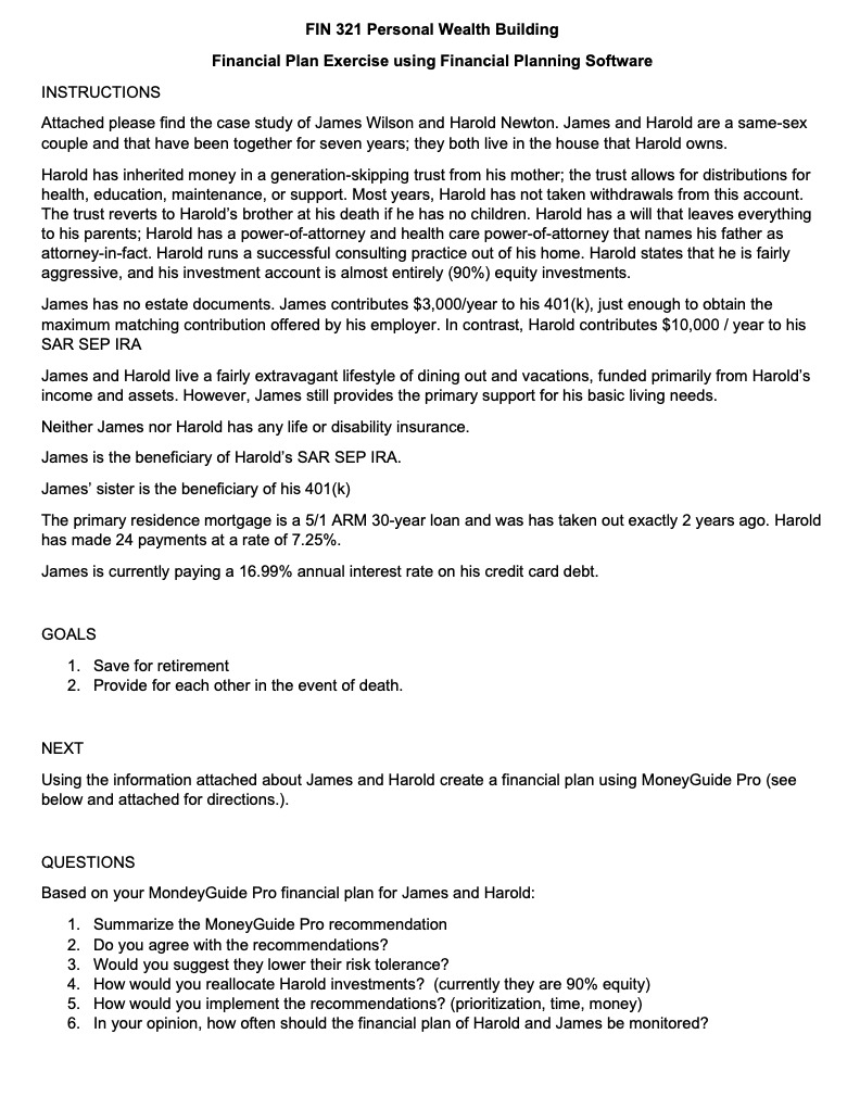 Solved FIN 321 Personal Wealth Building Financial Plan | Chegg.com