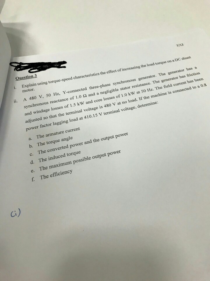 Solved 7/12 i. Explain using torque-speed characteristics | Chegg.com