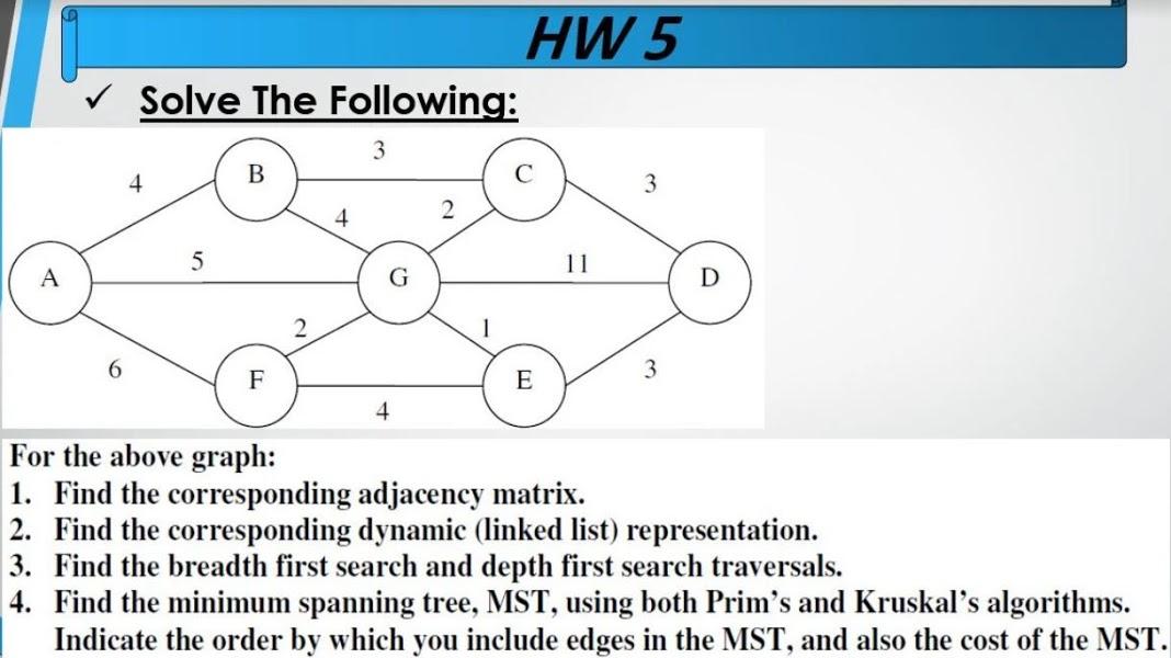 Solved HW 5 Solve The Following: 3 B 4 3 4 5 A G D 2 F 3 E 4 | Chegg.com