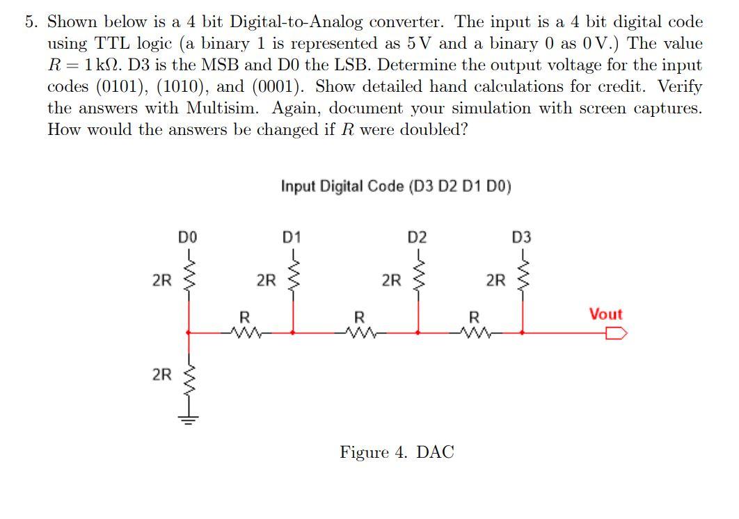 Solved 5. Shown below is a 4 bit Digital-to-Analog | Chegg.com