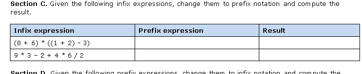 Solved Section C. Given the following infix expressions, | Chegg.com