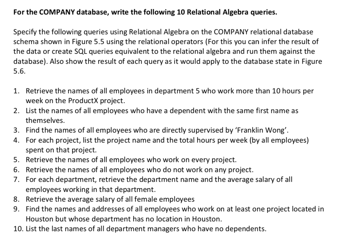 Solved For the COMPANY database, write the following 10 | Chegg.com