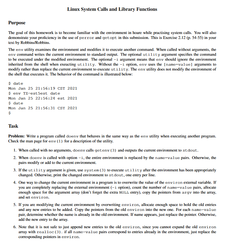 Linux System Calls and Library Functions Purpose The | Chegg.com