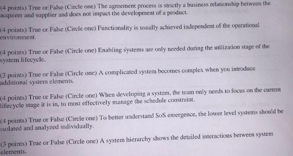 Solved (4 points) True or False (Circle one) The agreement | Chegg.com