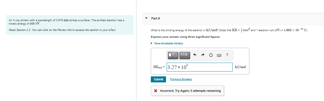 Solved Part A kinetic energy of 965 velength of 0.979 nmn | Chegg.com