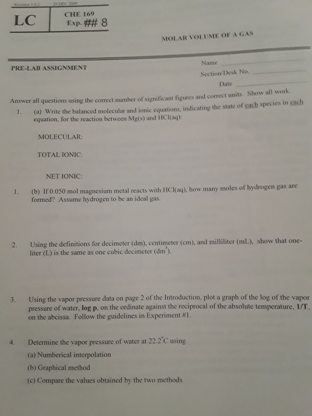 Solved CHE 169 Exp. ## 8 MOLAR VOLUME OF A GAS PRE-LAB | Chegg.com