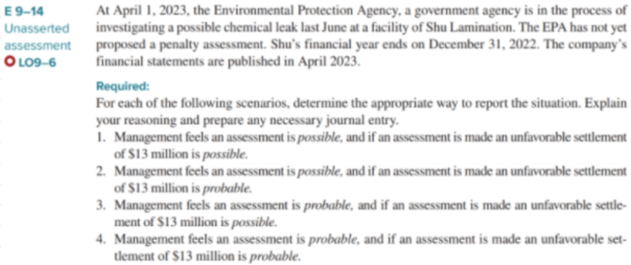 Solved E 9-14 Unasserted assessment OL09-6 At April 1, 2023, | Chegg.com