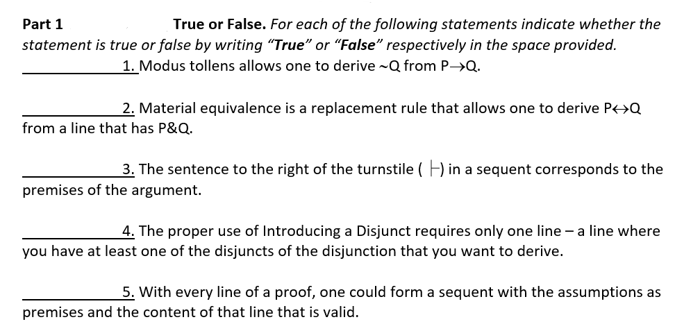 Solved Part 1 True or False. For each of the following | Chegg.com
