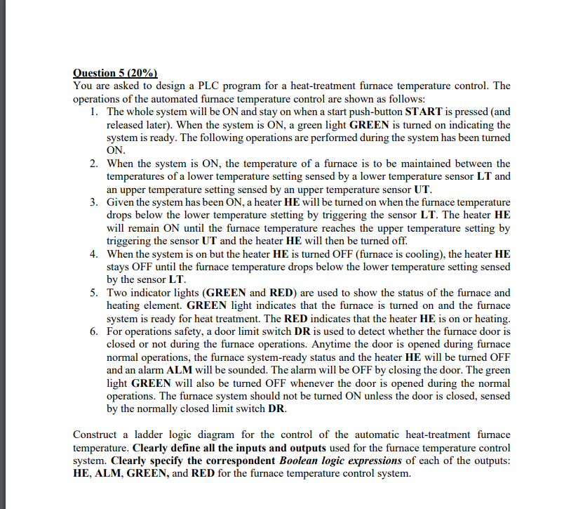 Solved Question 5(20\%)You are asked to design a PLC program | Chegg.com