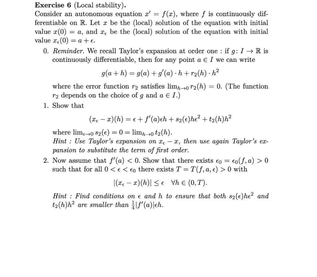 Exercise 6 (Local stability). Consider an autonomous | Chegg.com