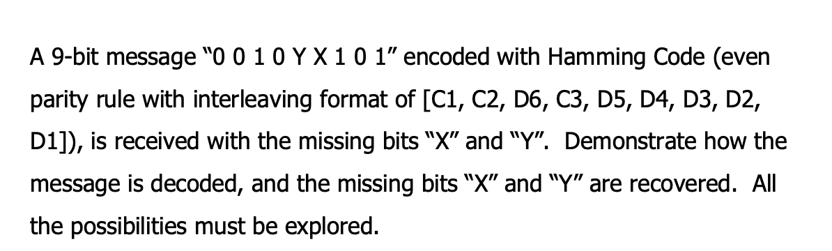 Solved A 9-bit message "0 010YX101 " encoded with Hamming | Chegg.com