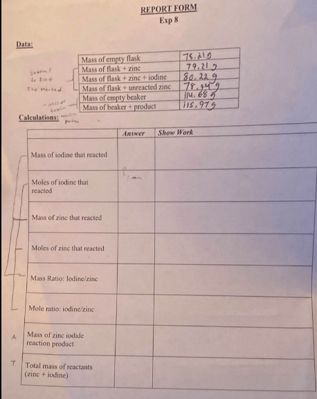 Solved REPORT FORM Exp 8 Data: Calculations: | Chegg.com