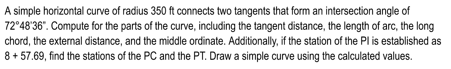 Solved A simple horizontal curve of radius 350ft connects | Chegg.com