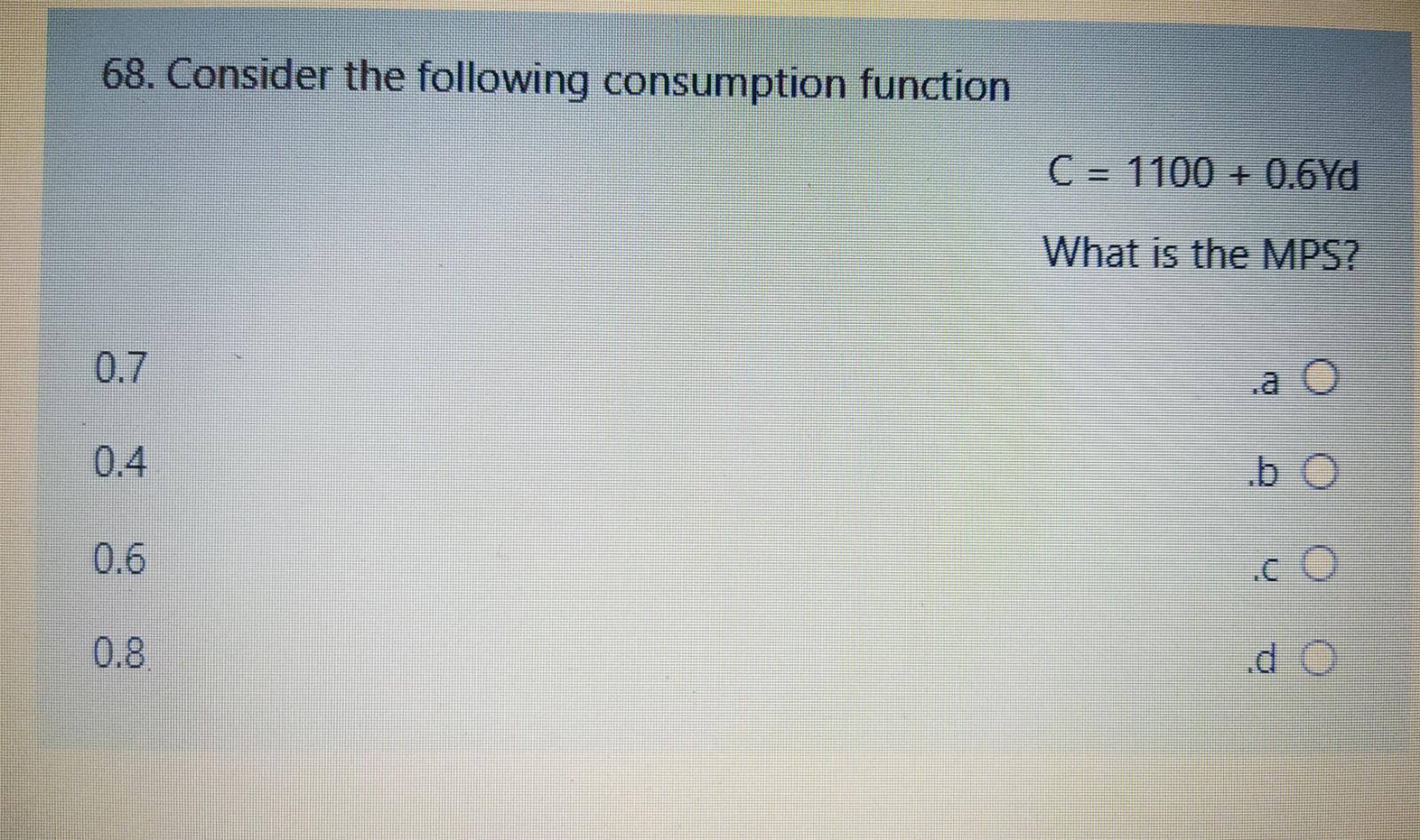 Solved 68. Consider the following consumption function C = | Chegg.com