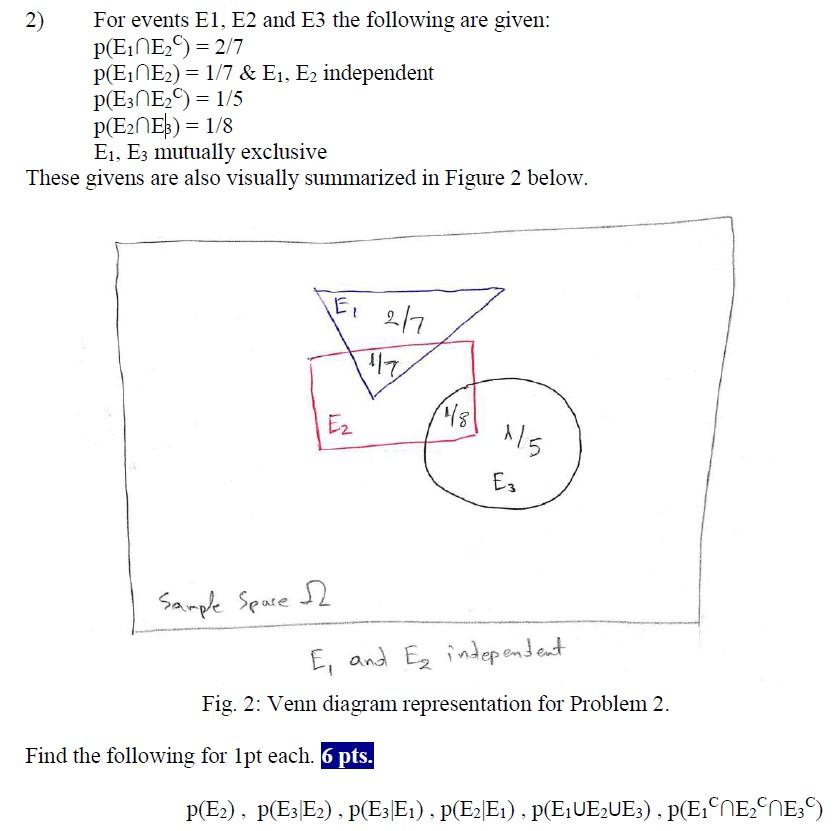 Solved 2) For events E1, E2 and E3 the following are given: | Chegg.com