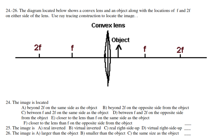 Solved 24.-26. The diagram located below shows a convex lens | Chegg.com