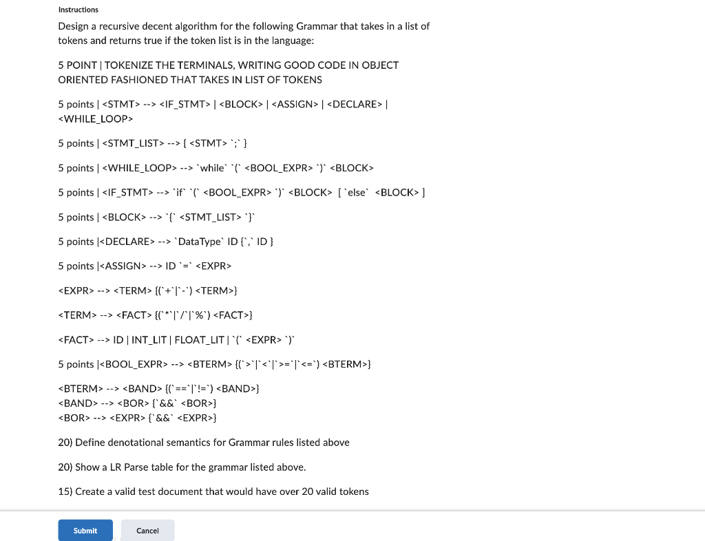 Solved Design A Recursive Decent Algorithm For The Following 