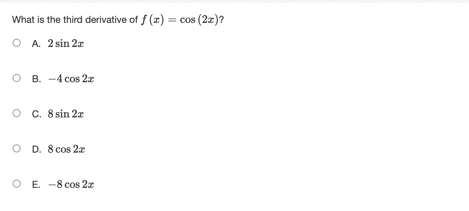 Solved f(x)=ln(sin(x)),w⊬ A. f′(x)=sin(x)1 B. f′(x)=cos(x)1 | Chegg.com