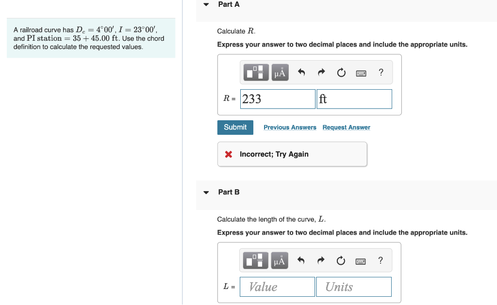 Solved A railroad curve has Dc=4∘00′,I=23∘00′, Calculate R. | Chegg.com