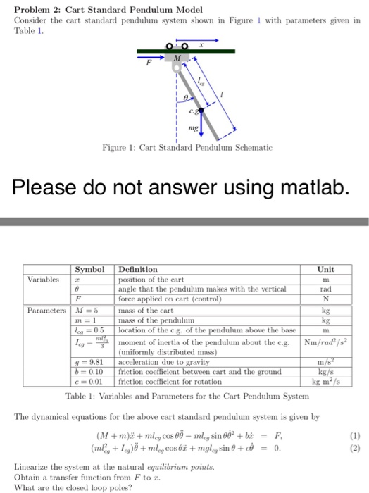 Solved Problem 2: Cart Standard Pendulum Model Consider the | Chegg.com
