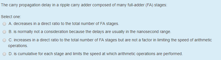 Solved The carry propagation delay in a ripple carry adder | Chegg.com