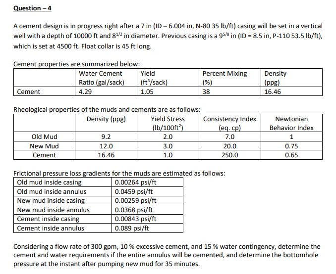 Solved A cement design is in progress right after a 7 in (ID | Chegg.com