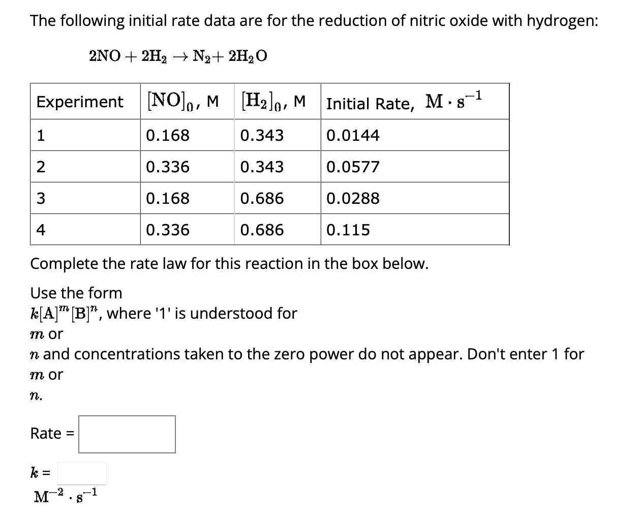 Solved The following initial rate data are for the reduction | Chegg.com