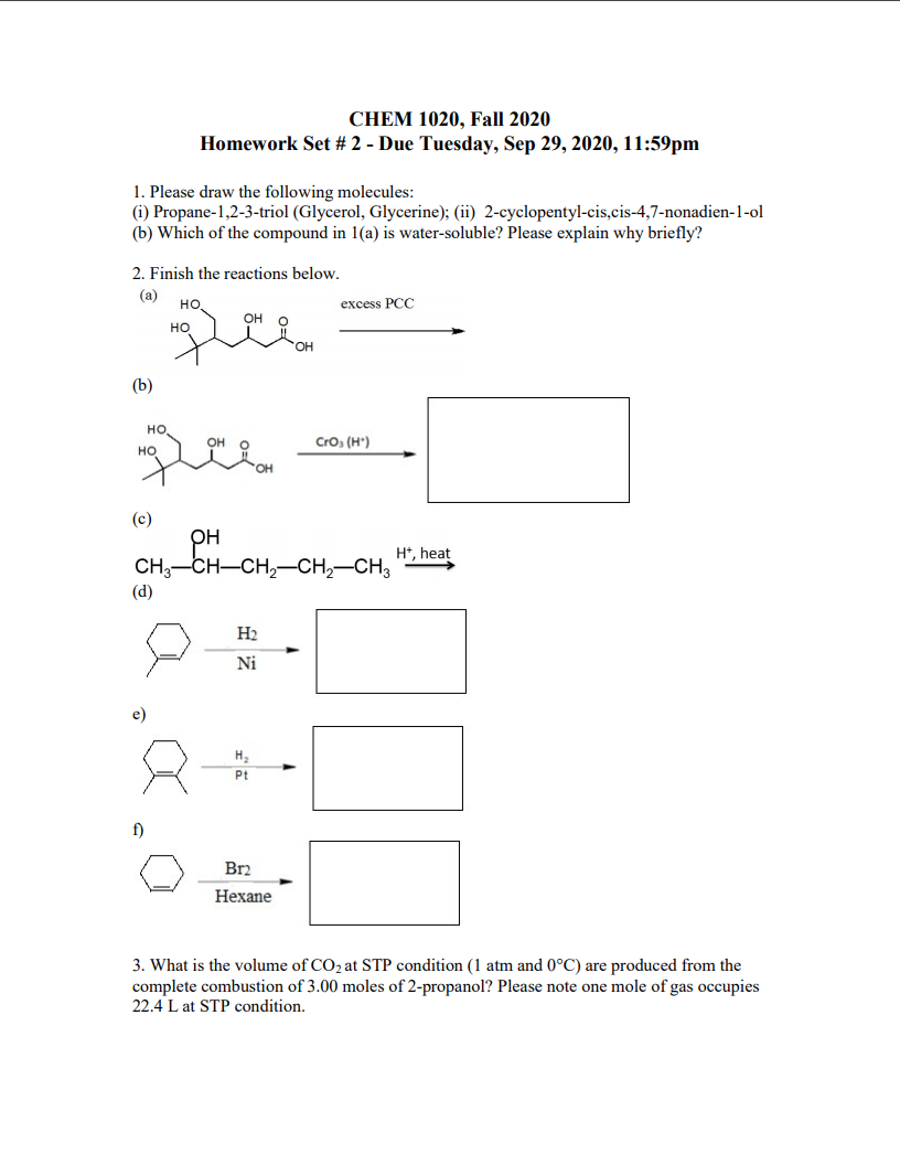 CHEM 1020, Fall 2020 Homework Set # 2 - Due Tuesday, | Chegg.com