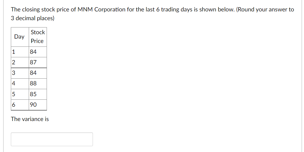 Solved The closing stock price of MNM Corporation for the | Chegg.com